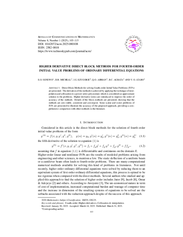 (PDF) HIGHER DERIVATIVE DIRECT BLOCK METHODS FOR FOURTH-ORDER INITIAL VALUE PROBLEMS OF ORDINARY ...