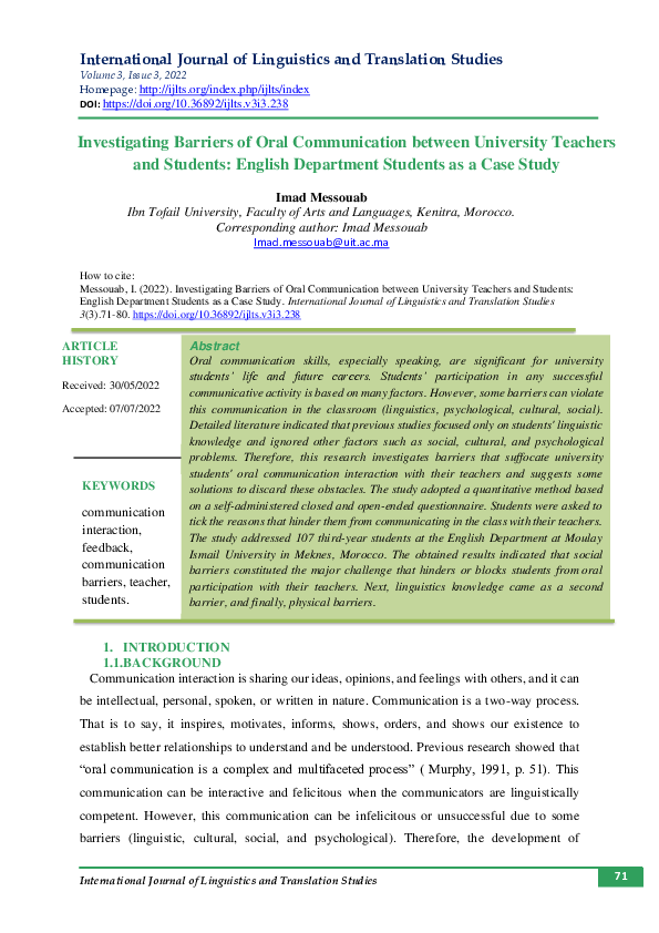 (PDF) Investigating Barriers of Oral Communication between University Teachers and Students ...