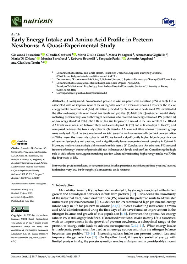 (PDF) Early Energy Intake and Amino Acid Profile in Preterm Newborns: A Quasi-Experimental Study