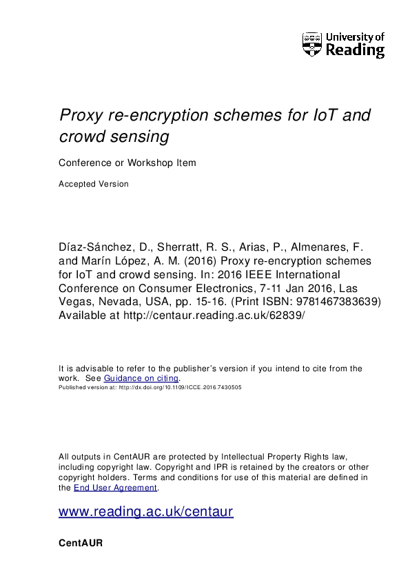 (PDF) Proxy re-encryption schemes for IoT and crowd sensing