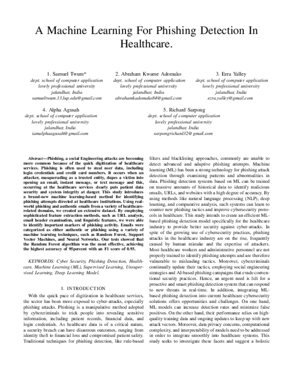 (PDF) A Machine Learning For Phishing Detection In Healthcare