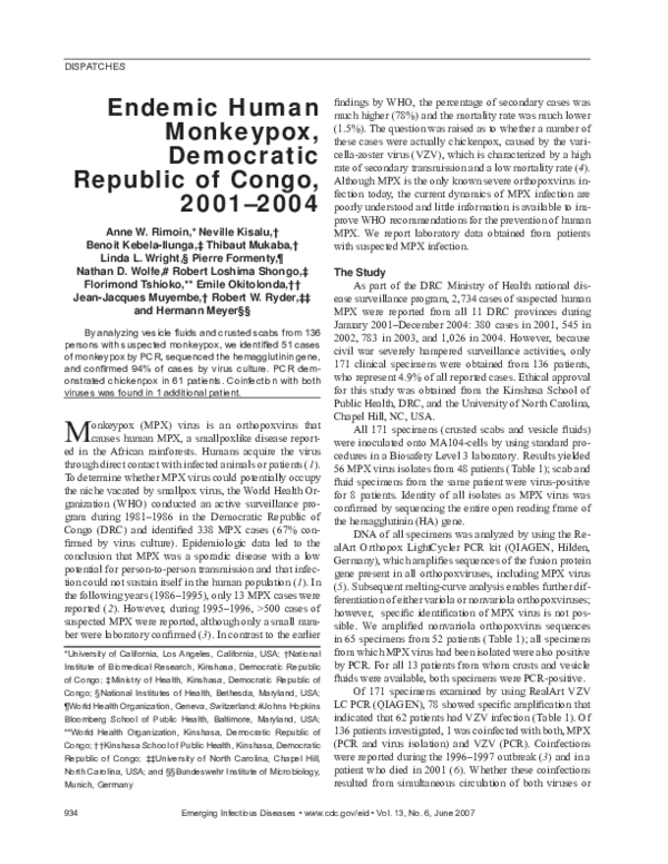 (PDF) DISPATCHES Endemic Human Monkeypox, Democratic Republic of Congo