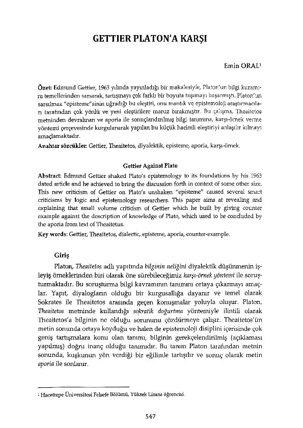 (PDF) Gettier Platon'a Karşı