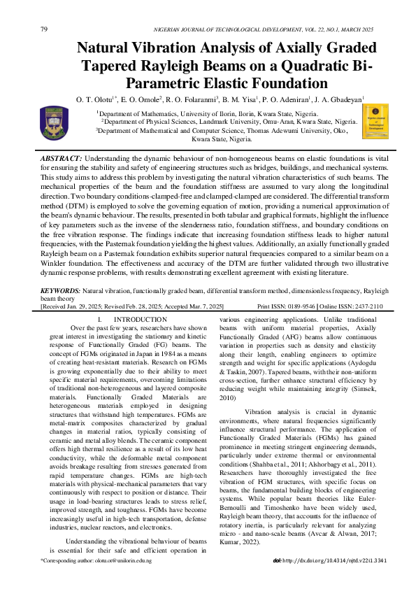 (PDF) Natural Vibration Analysis of Axially Graded Tapered Rayleigh Beams on a Quadratic Bi ...