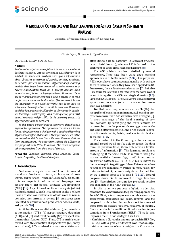 (PDF) A Model of Continual and Deep Learning for Aspect Based in Sentiment Analysis