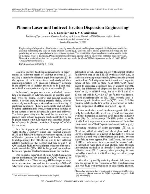 (PDF) Phonon laser and indirect exciton dispersion engineering