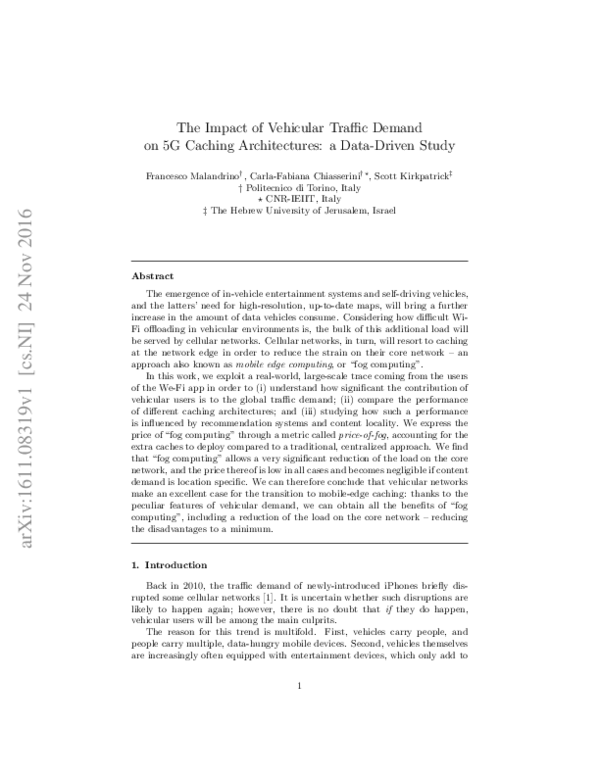 (PDF) The Impact of Vehicular Traffic Demand on 5G Caching Architectures: a Data-Driven Study