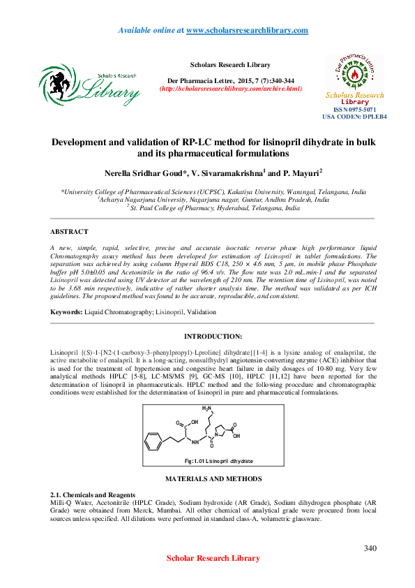 (PDF) Development and validation of RP-LC method for lisinopril dihydrate in bulkand its ...