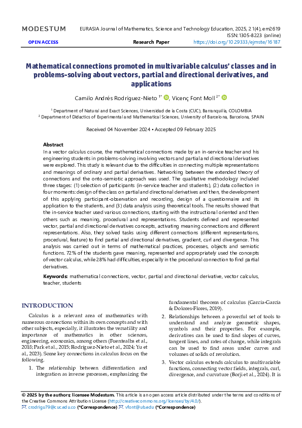 (PDF) Mathematical connections promoted in multivariable calculus' classes and in problems ...