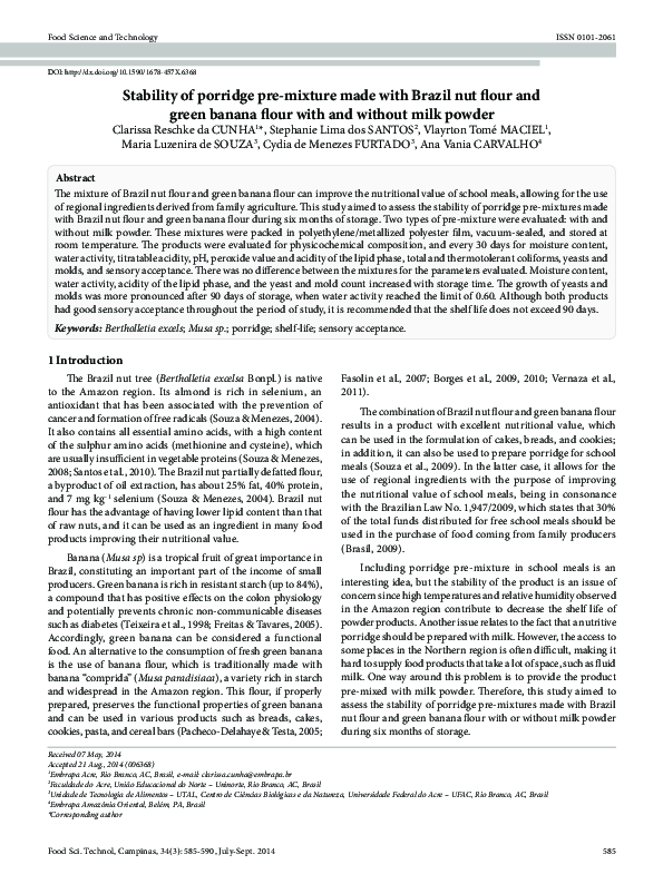(PDF) Stability of porridge pre-mixture made with Brazil nut flour and ...