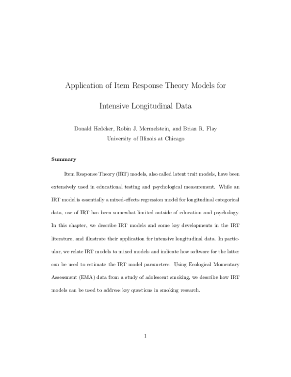 (PDF) Application of Item Response Theory Models for Intensive Longitudinal Data