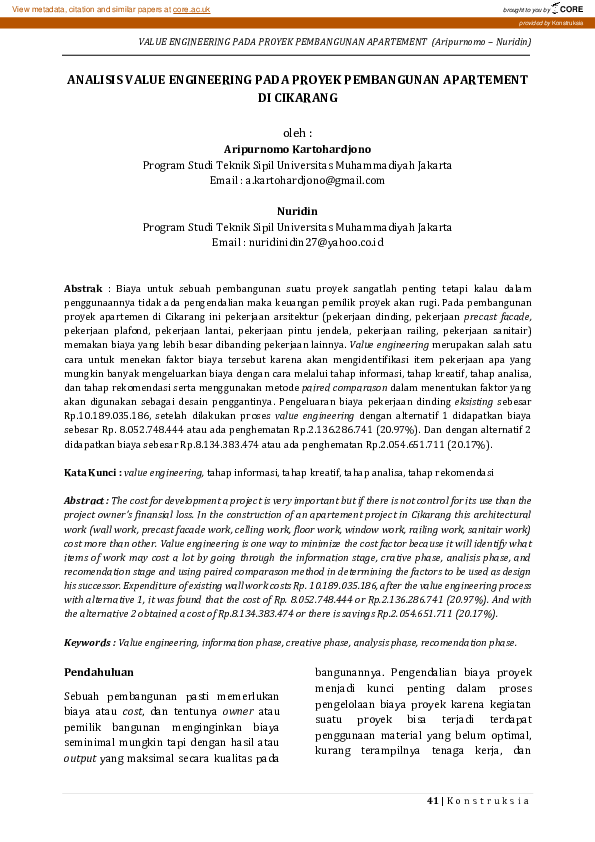 (PDF) Analisis Value Engineering Pada Proyek Pembangunan Apartement DI Cikarang