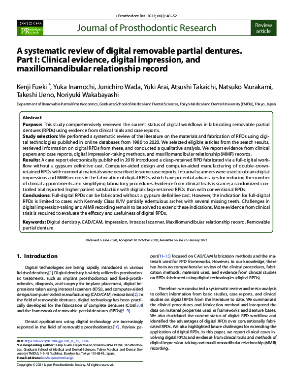 (PDF) A systematic review of digital removable partial dentures. Part I: Clinical evidence ...