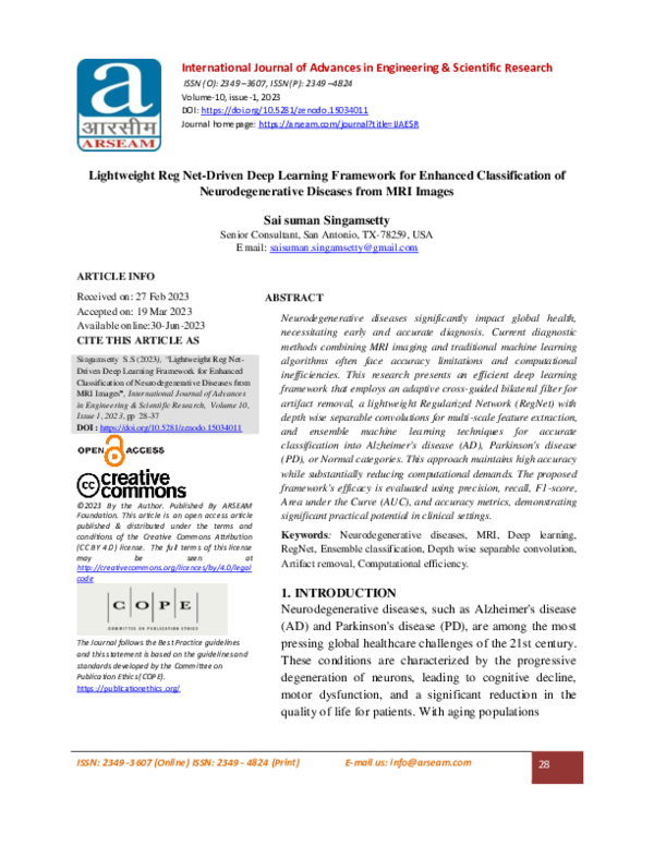 (PDF) Lightweight Reg Net-Driven Deep Learning Framework for Enhanced Classification of ...