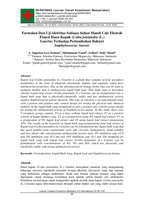 (PDF) Formulasi Dan Uji Aktivitas Sediaan Sabun Mandi Cair Ekstrak Etanol Daun Kapuk (Ceiba ...