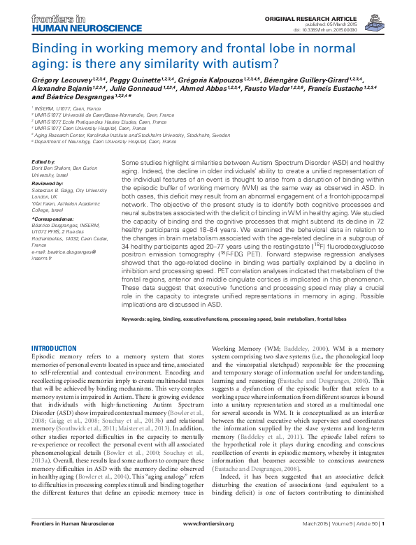 (PDF) Binding in working memory and frontal lobe in normal aging: is there any similarity with ...