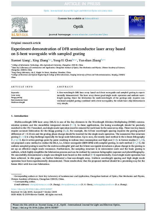 (PDF) Experiment demonstration of DFB semiconductor laser array based on S-bent waveguide with ...