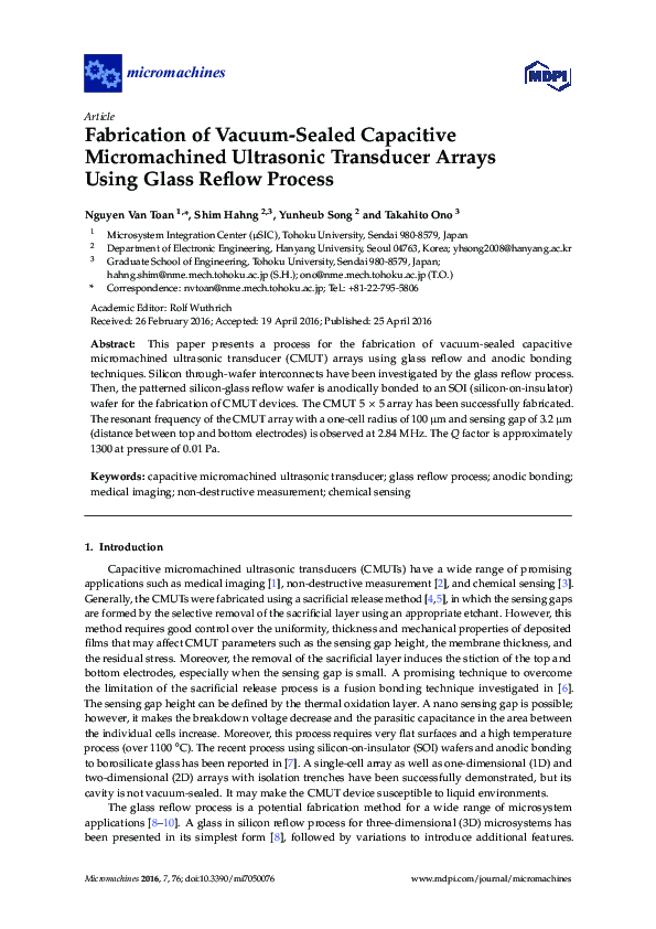 (PDF) Fabrication of Vacuum-Sealed Capacitive Micromachined Ultrasonic Transducer Arrays Using ...