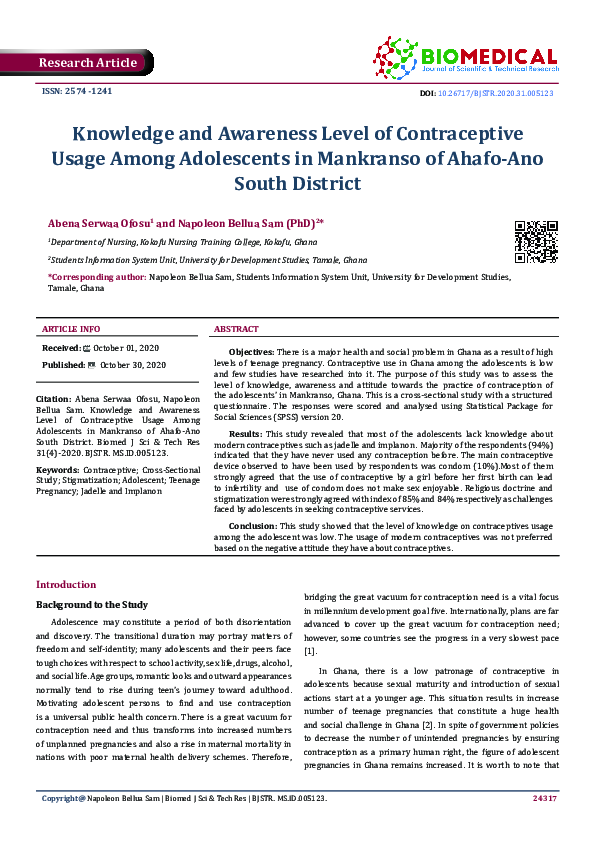 (PDF) Knowledge and Awareness Level of Contraceptive Usage Among ...