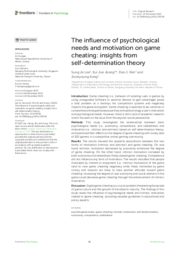 (PDF) The influence of psychological needs and motivation on game cheating: insights from self ...