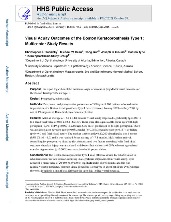 (PDF) Visual Acuity Outcomes of the Boston Keratoprosthesis Type 1 ...