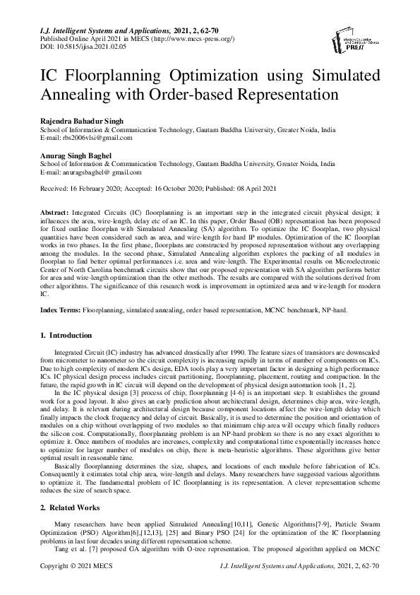 (PDF) IC Floorplanning Optimization using Simulated Annealing with Order-based Representation