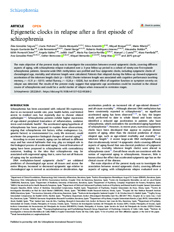 (PDF) Epigenetic clocks in relapse after a first episode of schizophrenia