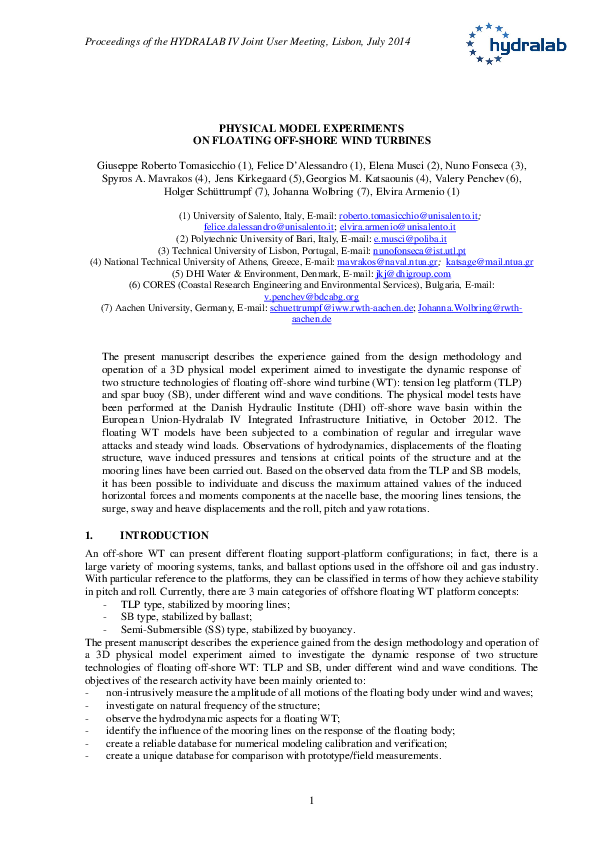 (PDF) Proceedings of the HYDRALAB IV Joint User Meeting, Lisbon, July 2014 1 PHYSICAL MODEL ...