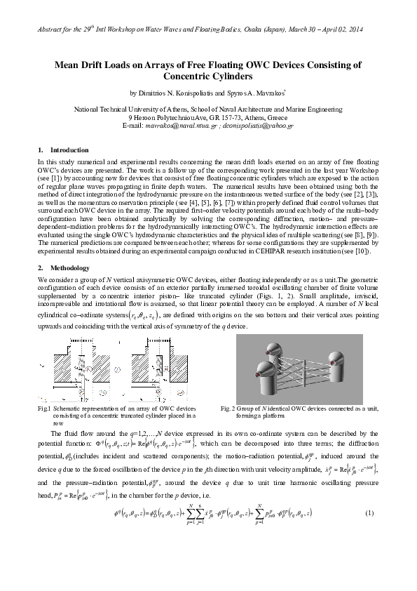(PDF) Mean Drift Loads on Arrays of Free Floating OWC Devices Consisting of Concentric Cylinders