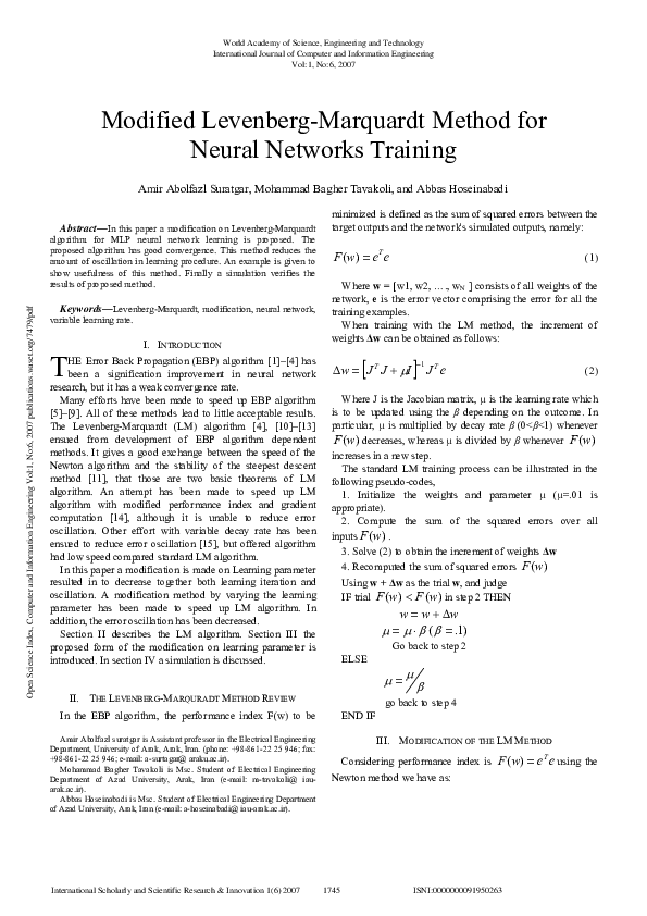 (PDF) Modified Levenberg-Marquardt Method For Neural Networks Training