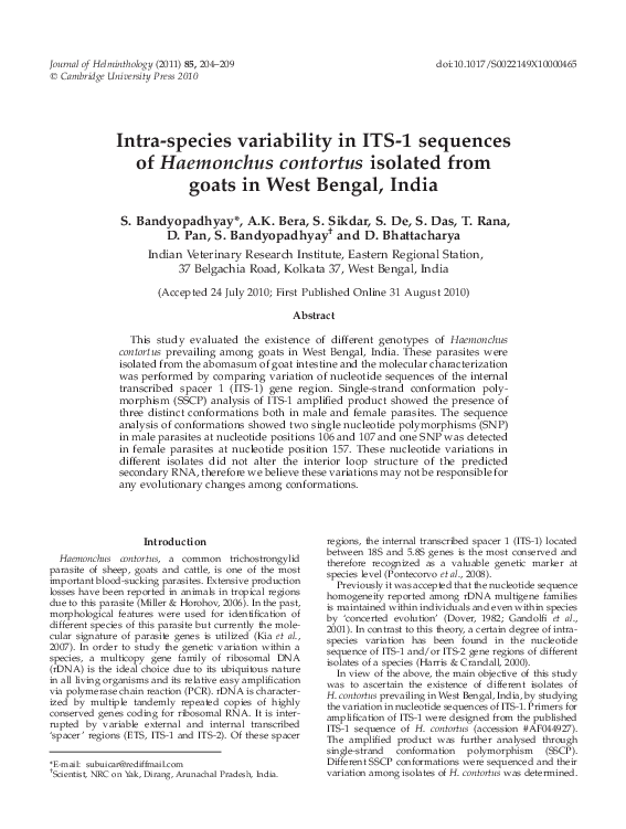 (PDF) Intra-species variability in ITS-1 sequences of Haemonchus ...