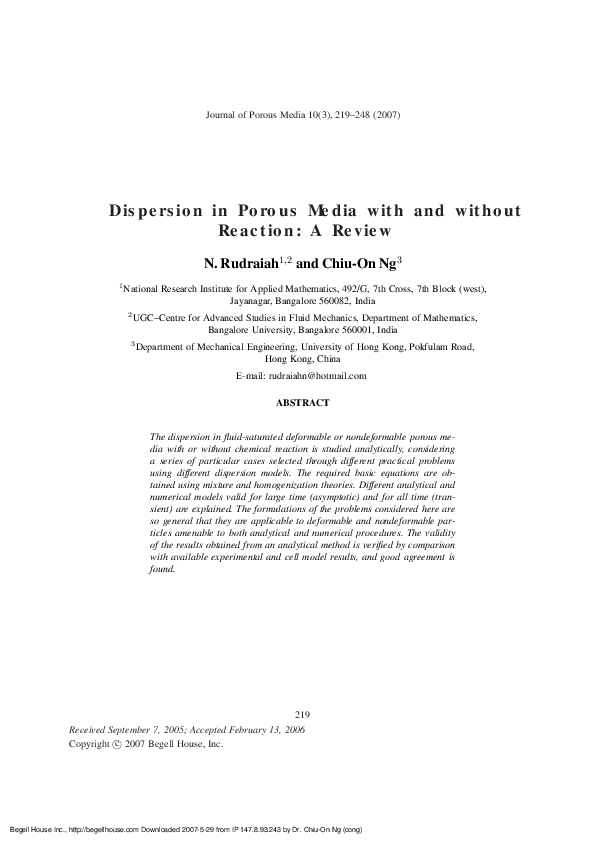 (PDF) Dispersion in Porous Media with and without Reaction: A Review