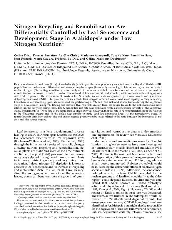 (PDF) Nitrogen Recycling and Remobilization Are Differentially ...