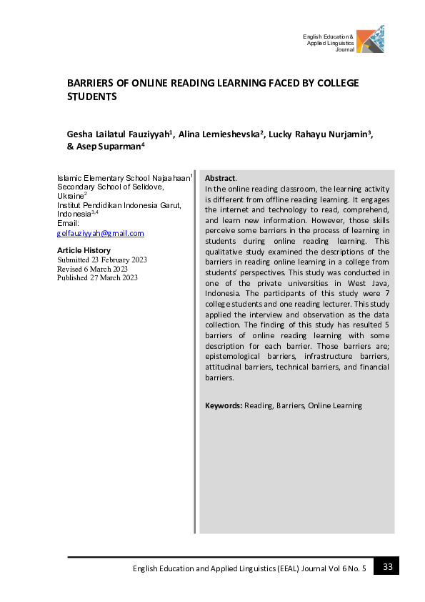 (PDF) Barriers of Online Reading Learning Faced by College Students
