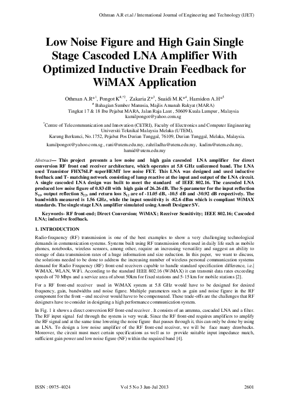 (PDF) Low Noise Figure and High Gain Single Stage Cascoded LNA ...
