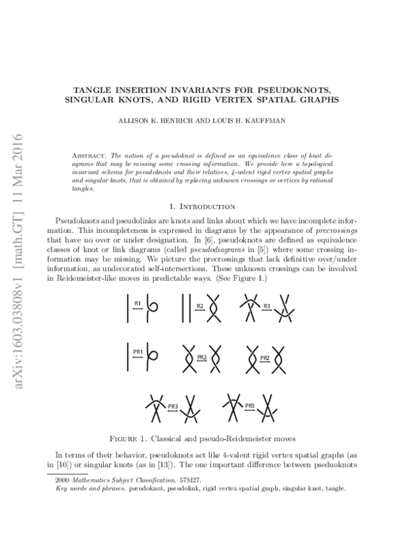 (PDF) Tangle Insertion Invariants for Pseudoknots, Singular Knots, and Rigid Vertex Spatial Graphs