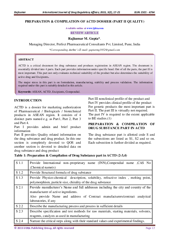 (PDF) Preparation & Compilation of Actd Dossier (Part II Quality)