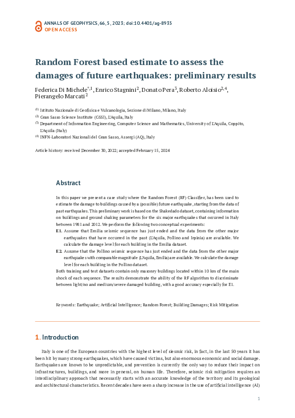 (PDF) Random Forest based estimate to assess the damages of future earthquakes: preliminary results