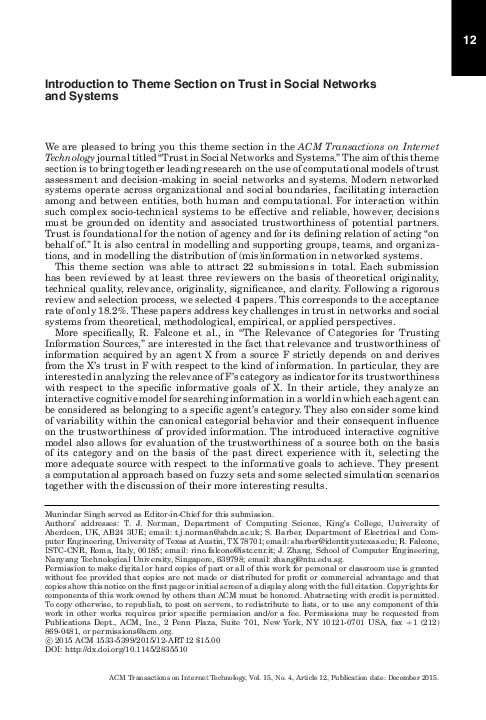 (PDF) Introduction to Theme Section on Trust in Social Networks and Systems