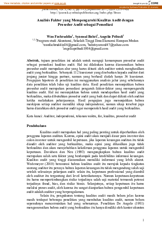 (PDF) Analisis Faktor yang Mempengaruhi Kualitas Audit dengan Prosedur Audit sebagai Pemediasi