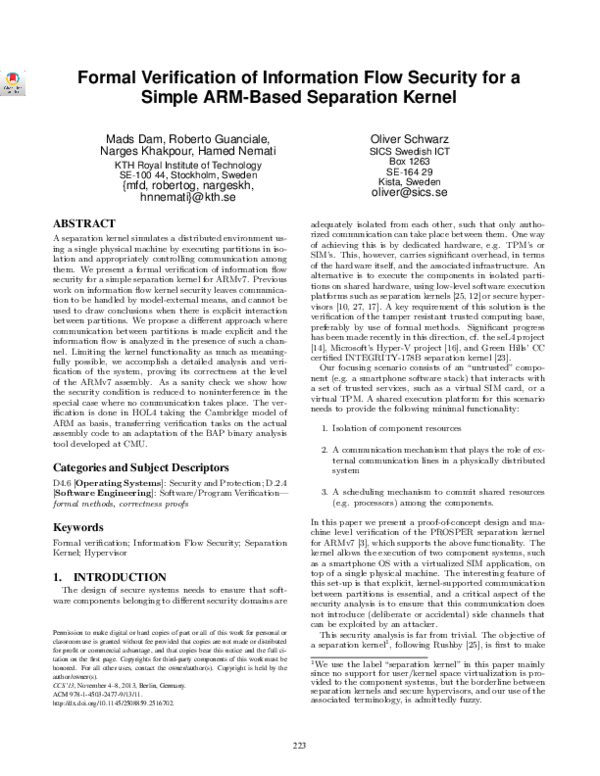 (PDF) Formal verification of information flow security for a simple arm-based separation kernel