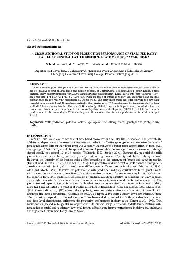(PDF) A Cross-Sectional Study on Production Performance of Stall Fed ...