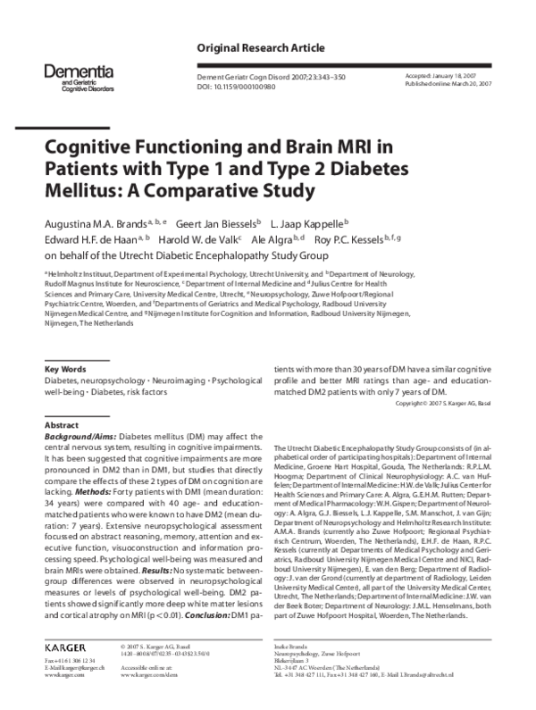 (PDF) Cognitive Functioning and Brain MRI in Patients with Type 1 and ...