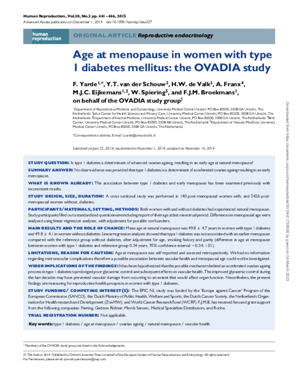 (PDF) Age at menopause in women with type 1 diabetes mellitus: the ...