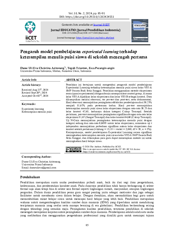 (PDF) Pengaruh Model Pembelajaran Experiental Learning Terhadap Keterampilan Menulis Puisi Siswa ...