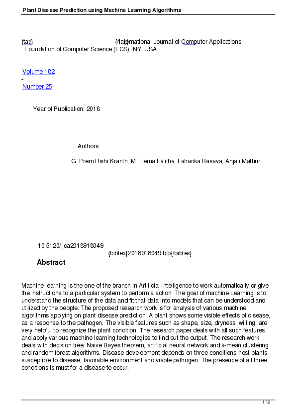 (PDF) Plant Disease Prediction using Machine Learning Algorithms
