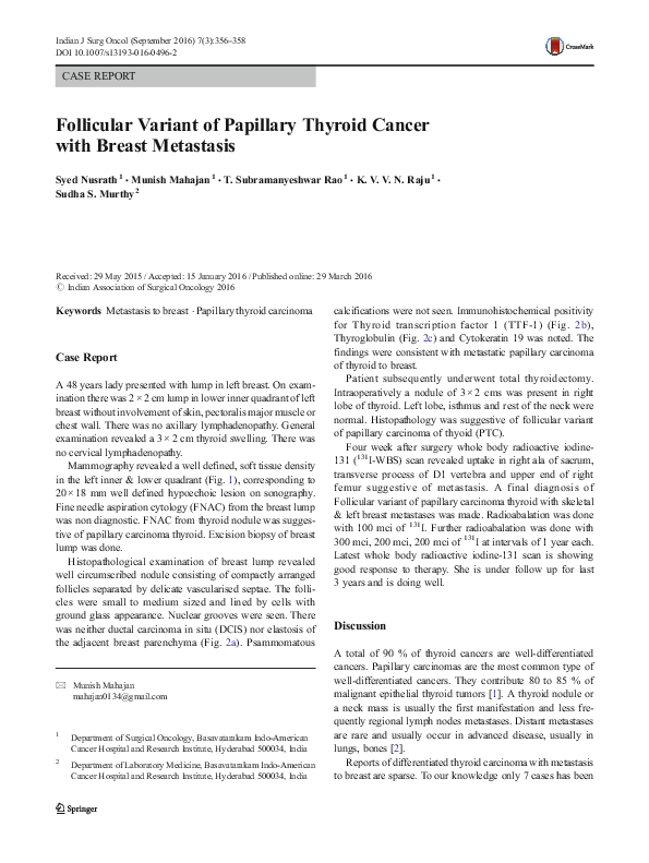 (PDF) Follicular Variant of Papillary Thyroid Cancer with Breast Metastasis