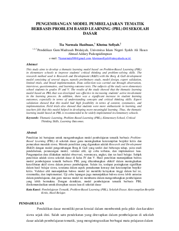(PDF) PENGEMBANGAN MODEL PEMBELAJARAN TEMATIK BERBASIS PROBLEM BASED LEARNING (PBL) DI SEKOLAH DASAR