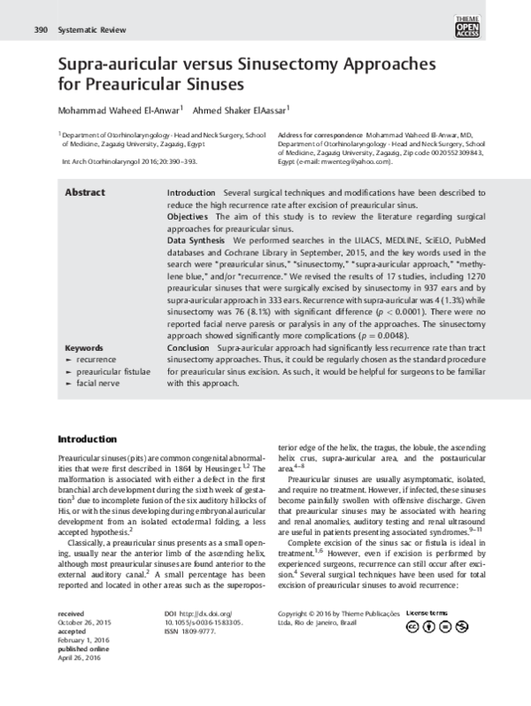 (PDF) Supra-auricular versus Sinusectomy Approaches for Preauricular ...