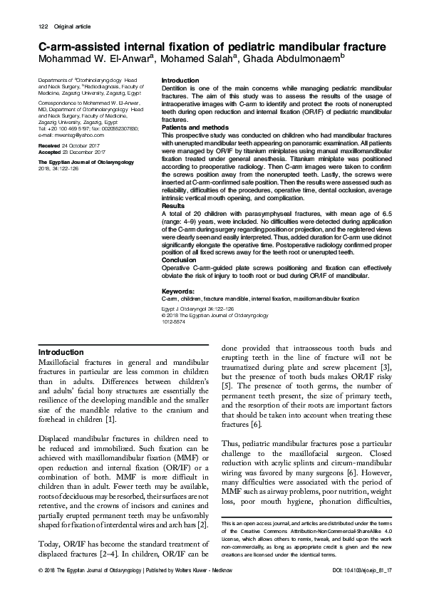 (PDF) C-arm-assisted internal fixation of pediatric mandibular fracture